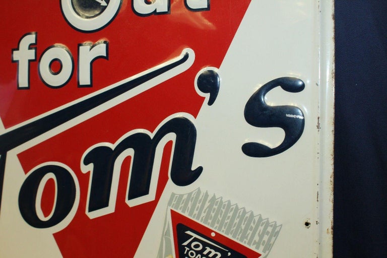 1958 Tom's Toasted Peanuts Embossed Tin Sign For Sale at 1stDibs