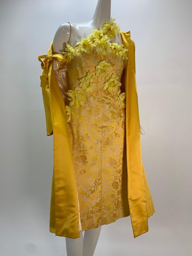 1960 Canary Yellow Silk Brocade Flower Appliqué Cocktail Dress and ...