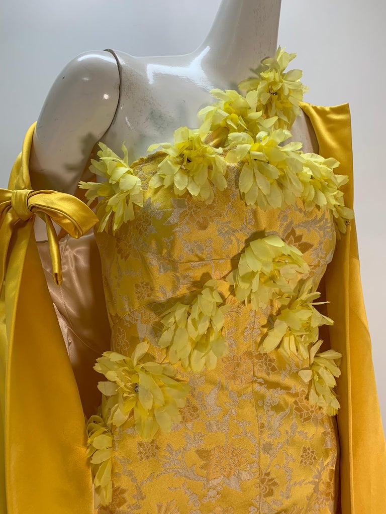 1960 Canary Yellow Silk Brocade Flower Appliqué Cocktail Dress and ...