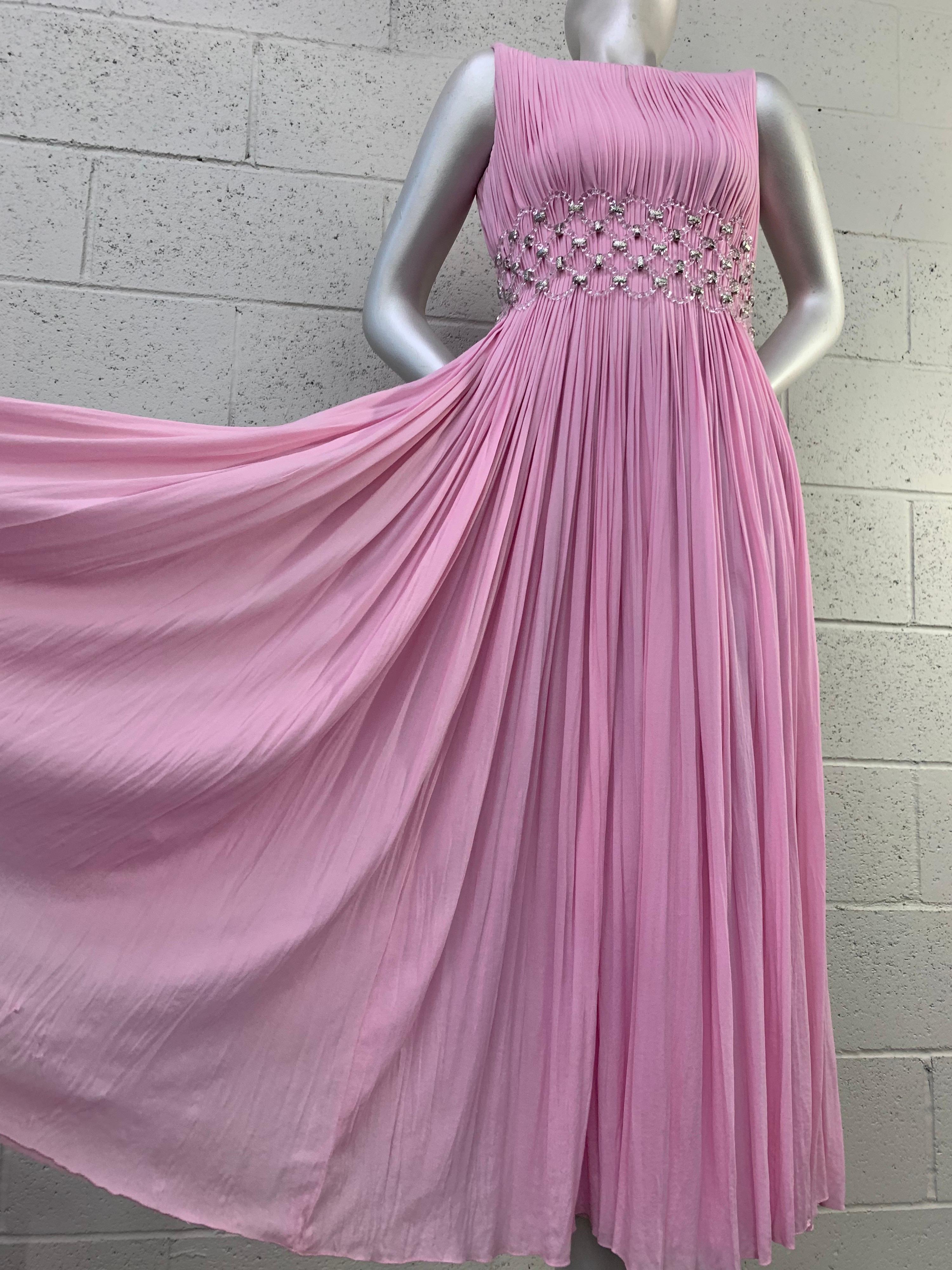 1960 Jean-Louis Peony Pink Silk Sleeveless Goddess Gown w/ Lucite Mesh ...