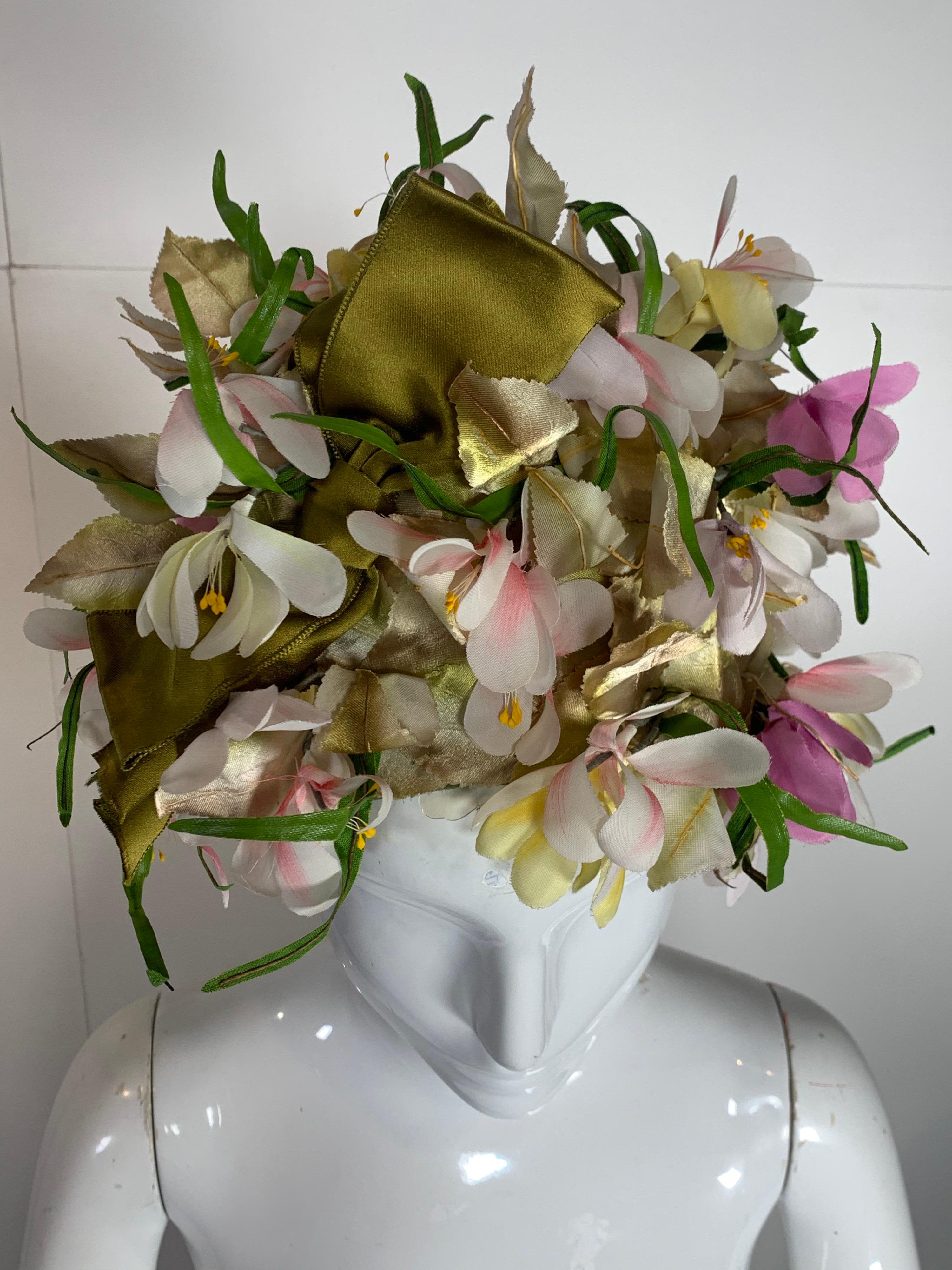 1960 Saks Millinery Yellow White and Lavender Floral Sculpted Turban W ...