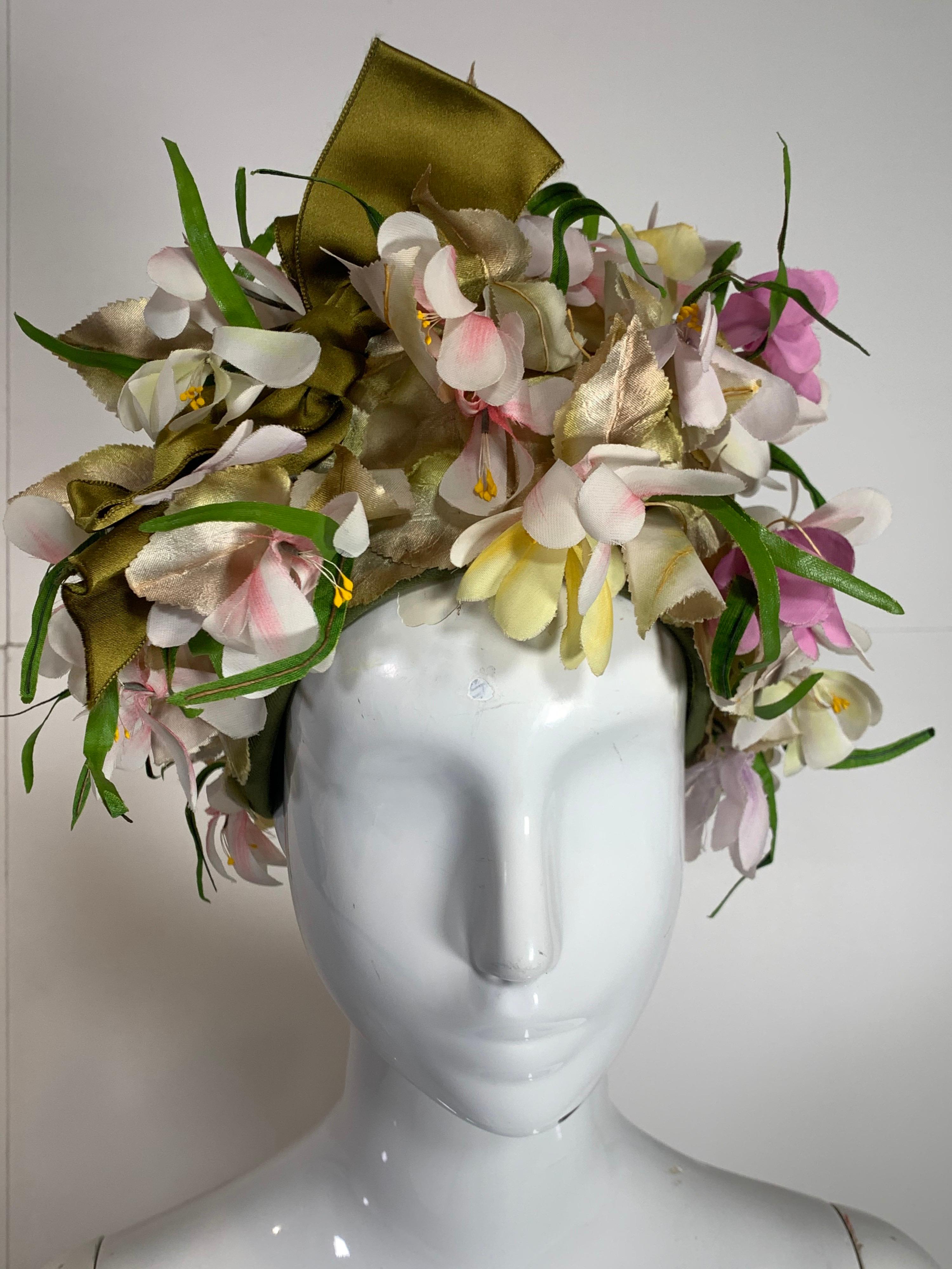 1960 Saks Millinery Yellow White and Lavender Floral Sculpted Turban W ...
