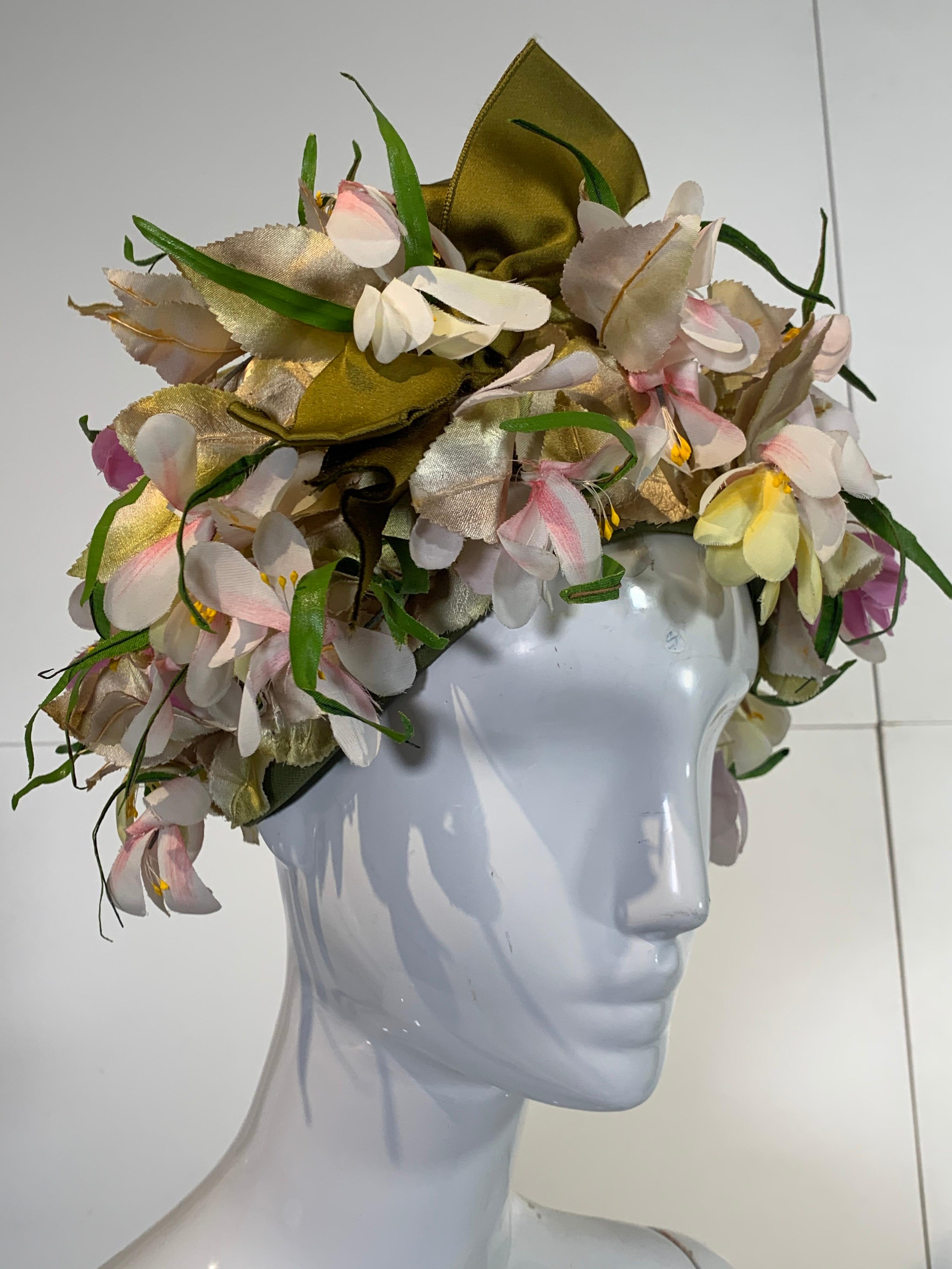 1960 Saks Millinery Yellow White and Lavender Floral Sculpted Turban W ...