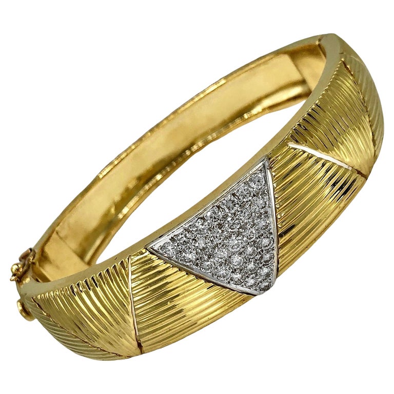 1960's 18K Yellow Gold Italian Triangle Motif Diamond Bangle Bracelet ...