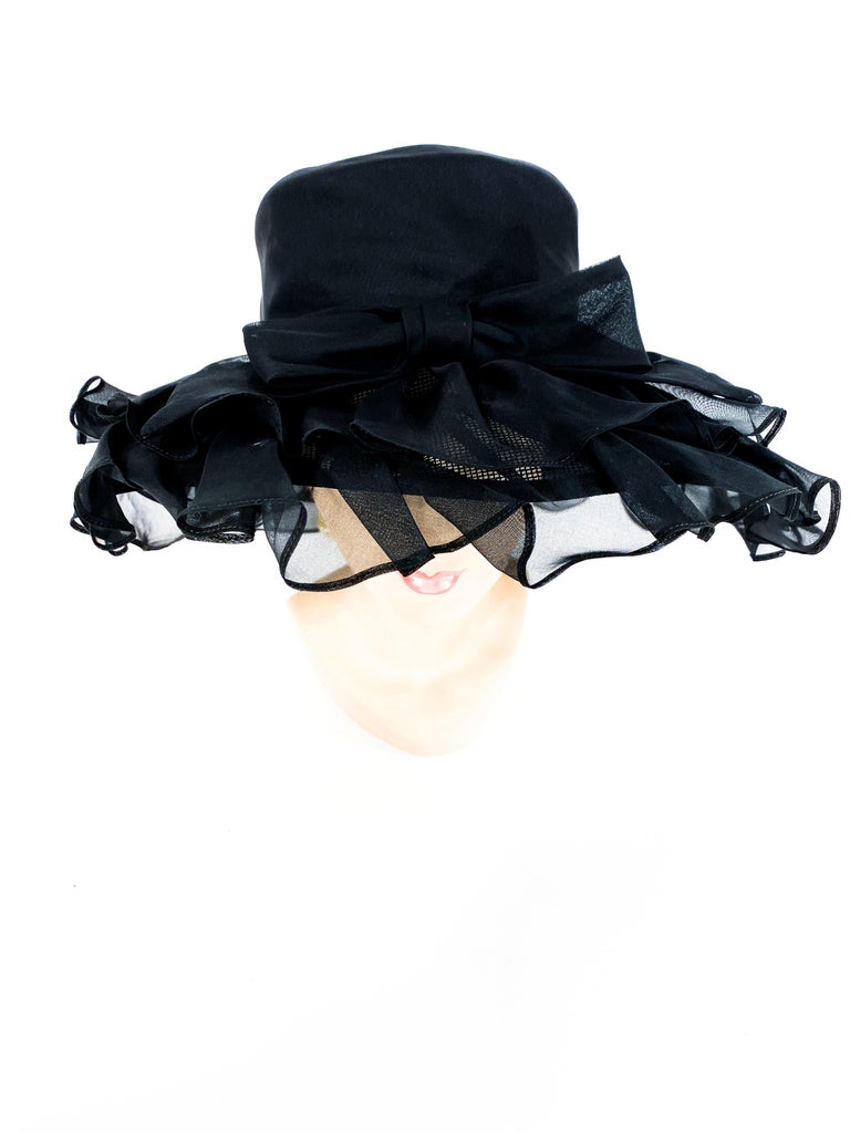 1960s/1970s Black Ruffled Wide Brimmed Hat at 1stDibs