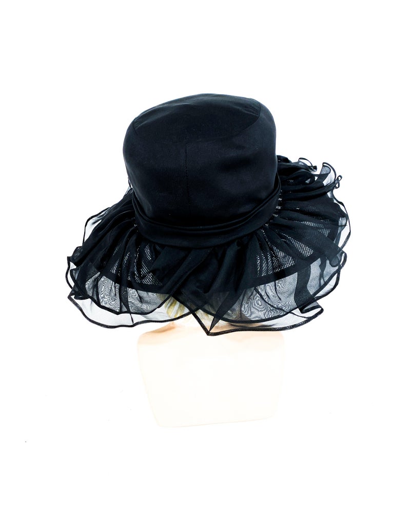 1960s/1970s Black Ruffled Wide Brimmed Hat at 1stDibs