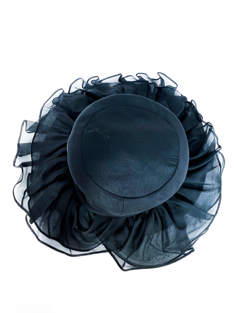 1960s/1970s Black Ruffled Wide Brimmed Hat at 1stDibs