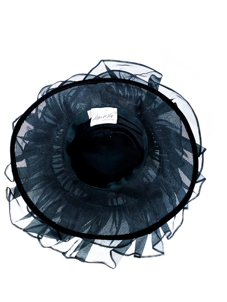 1960s/1970s Black Ruffled Wide Brimmed Hat at 1stDibs