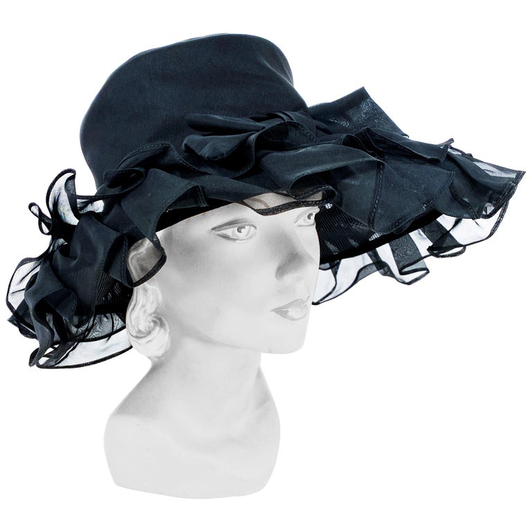 1960s/1970s Black Ruffled Wide Brimmed Hat at 1stDibs