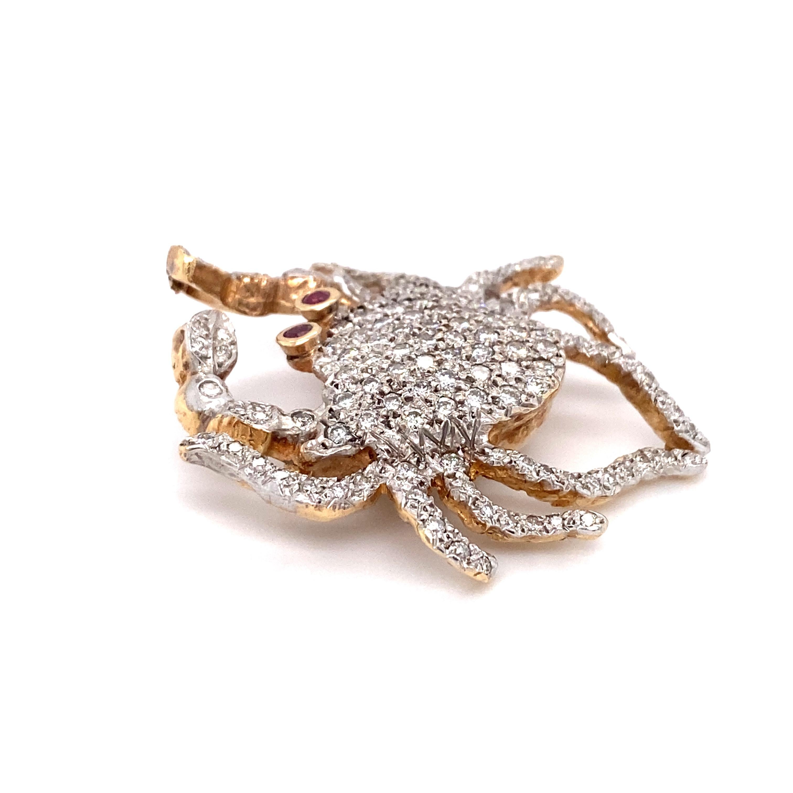 1960s 2 Carat Diamond And Ruby Crab Brooch In Platinum And 14 Karat 1960s 2 Carat Diamond And Ruby Crab Brooch In Platinum And 14 Karat