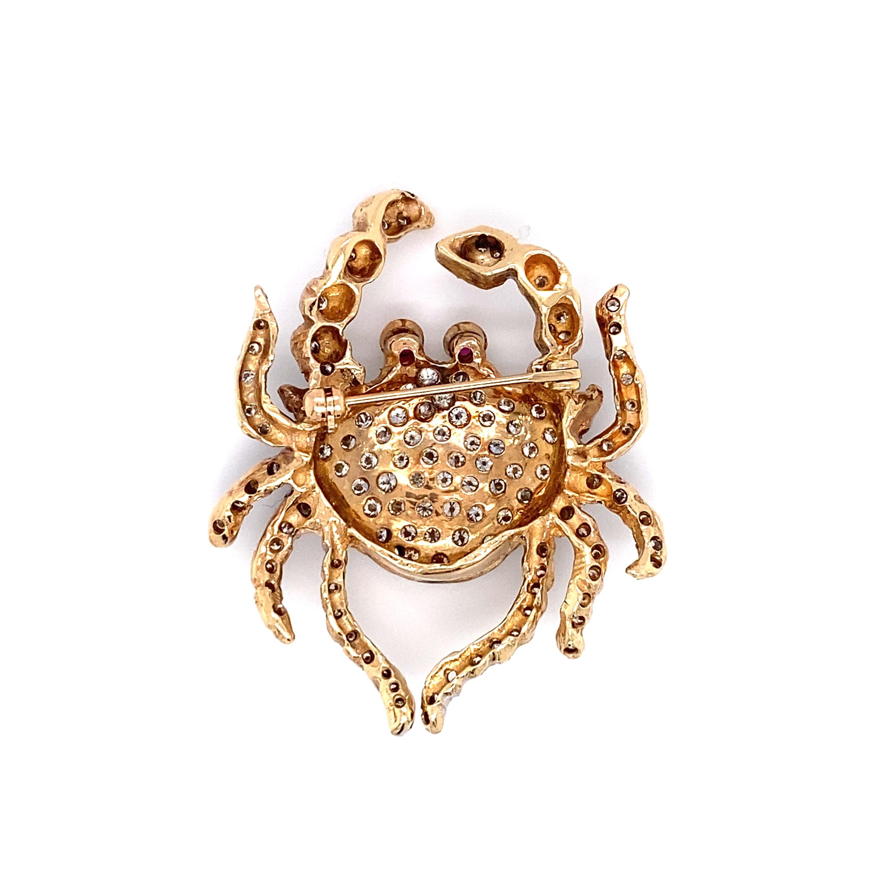 1960s 2 Carat Diamond And Ruby Crab Brooch In Platinum And 14 Karat 1960s 2 Carat Diamond And Ruby Crab Brooch In Platinum And 14 Karat