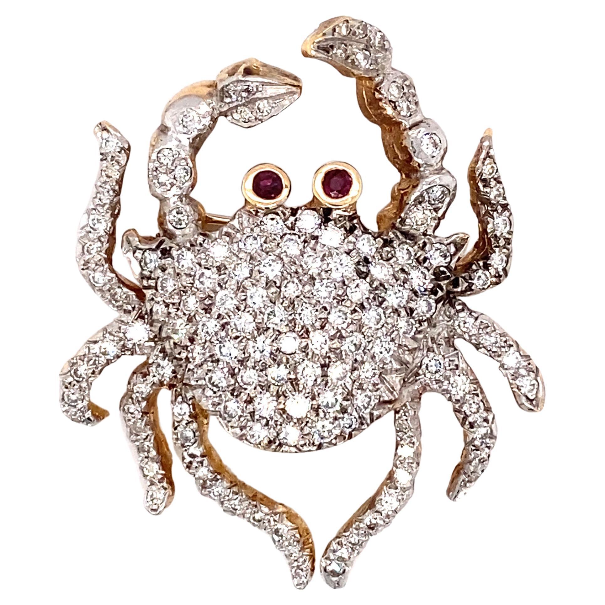 7 Carat Sapphire, Diamond and Ruby Crab Pin Brooch in Yellow Gold at ...