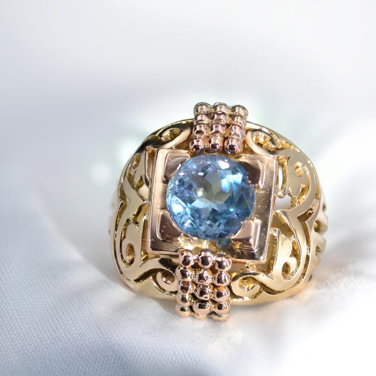 1960s 2.65 Carat Aquamarine 18 Karat Yellow Gold Openwork Dome Ring For ...
