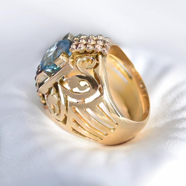 1960s 2.65 Carat Aquamarine 18 Karat Yellow Gold Openwork Dome Ring For ...