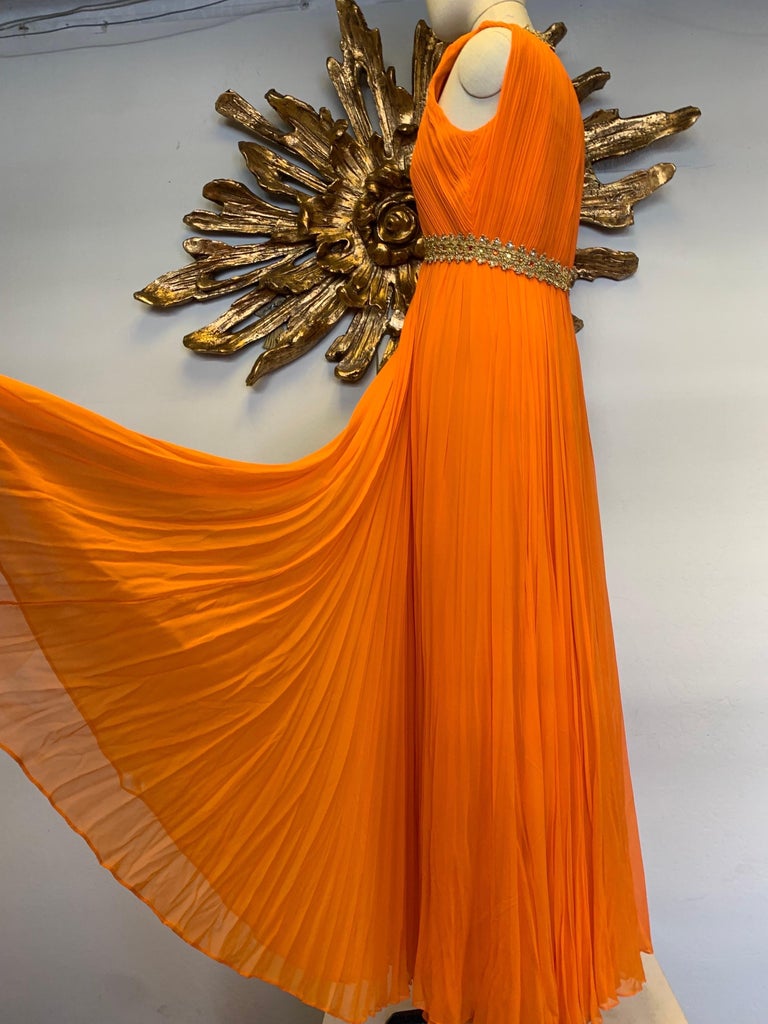 1960s Amen Wardy Orange Knife-Pleated Goddess Gown with Jeweled ...
