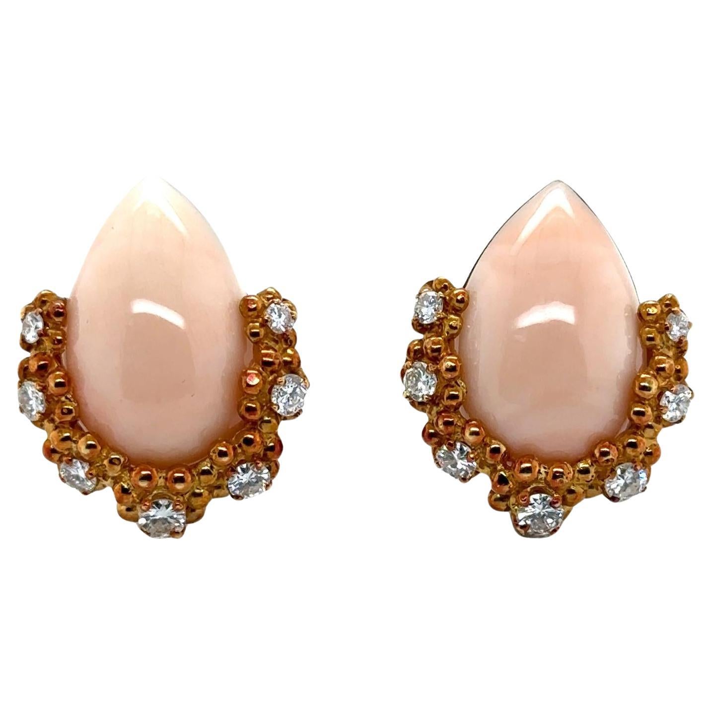 Angel Skin Coral Round Earrings Vintage 18 Karat Yellow Gold Estate ...