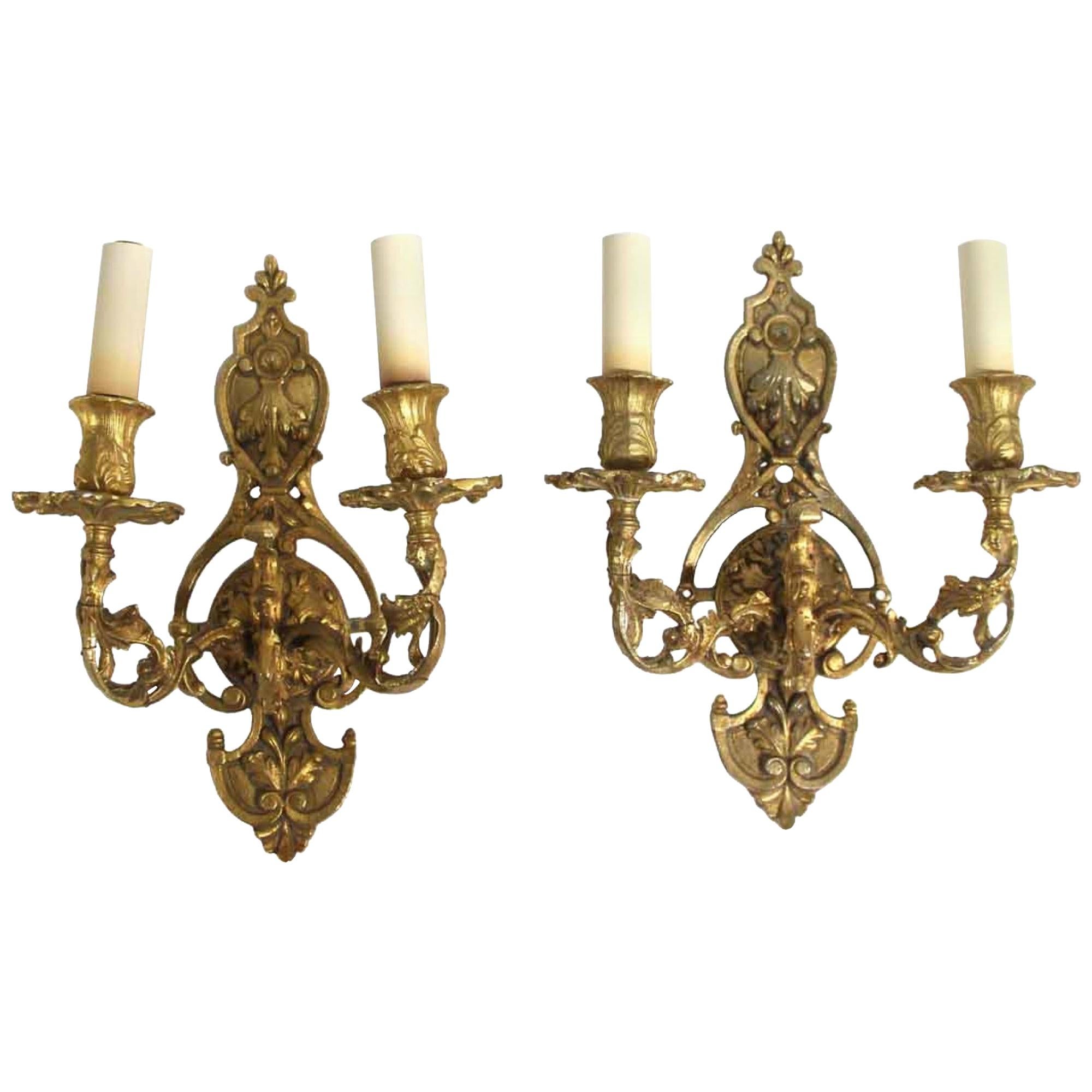 French Pair of Brass Antique Wall Sconces For Sale at 1stDibs