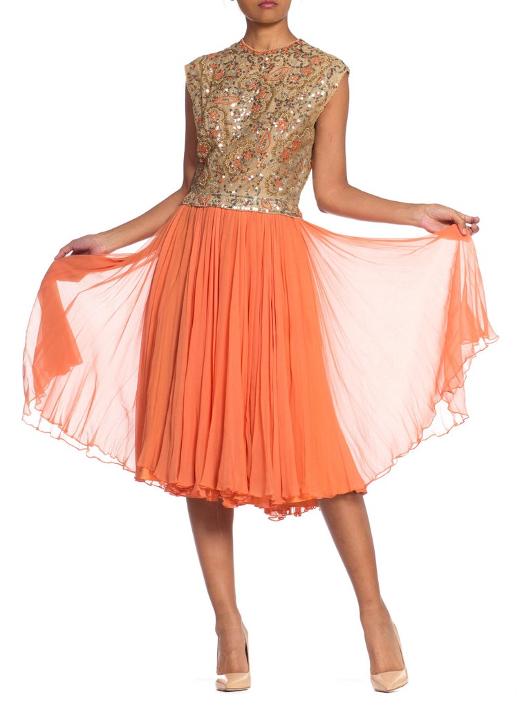 1960s Beaded Pat Sandler Silk Chiffon Tangerine Orange Dress at 1stDibs ...