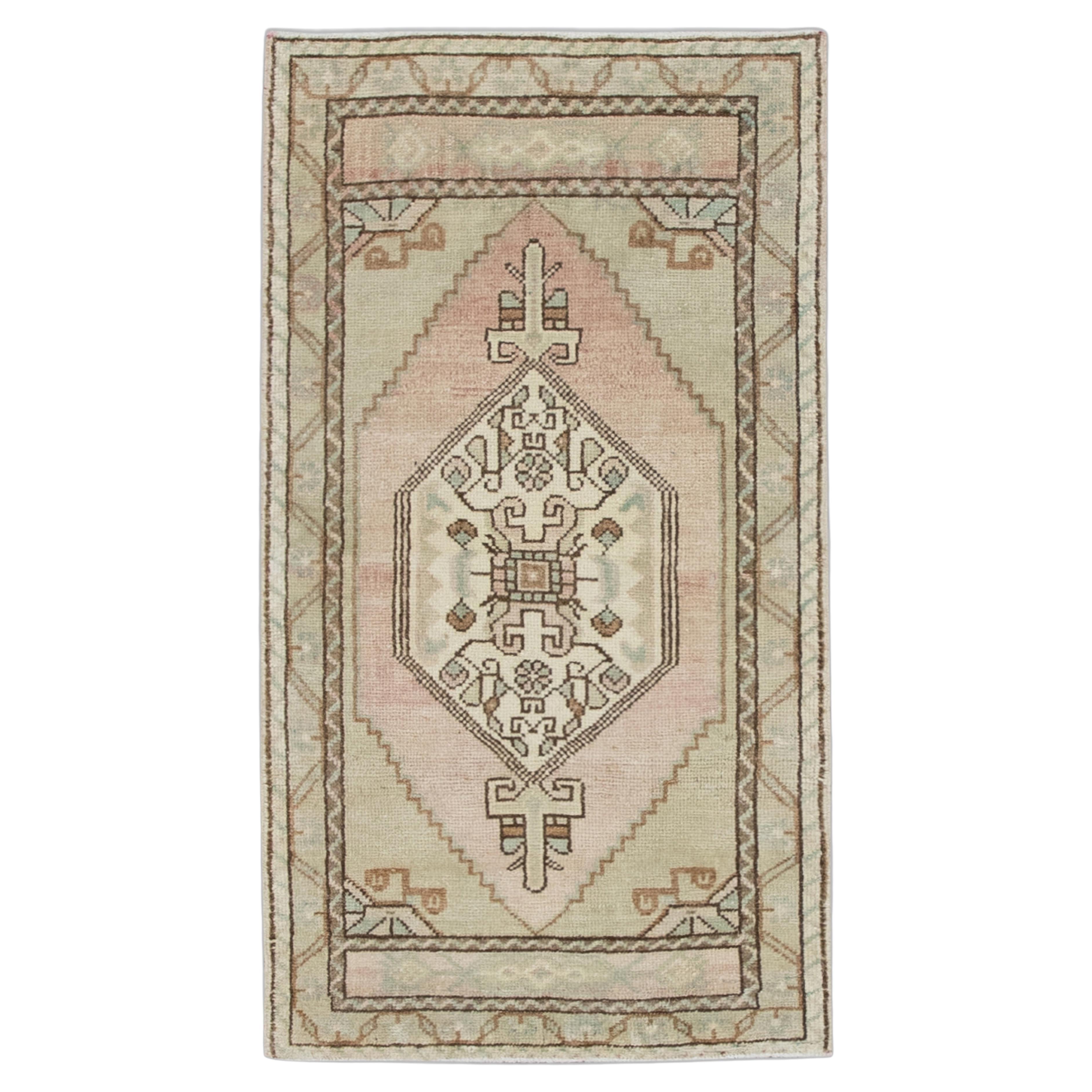 1960s Beige and Pink Vintage Turkish Rug 7'3" x 14'1" For Sale at 1stDibs