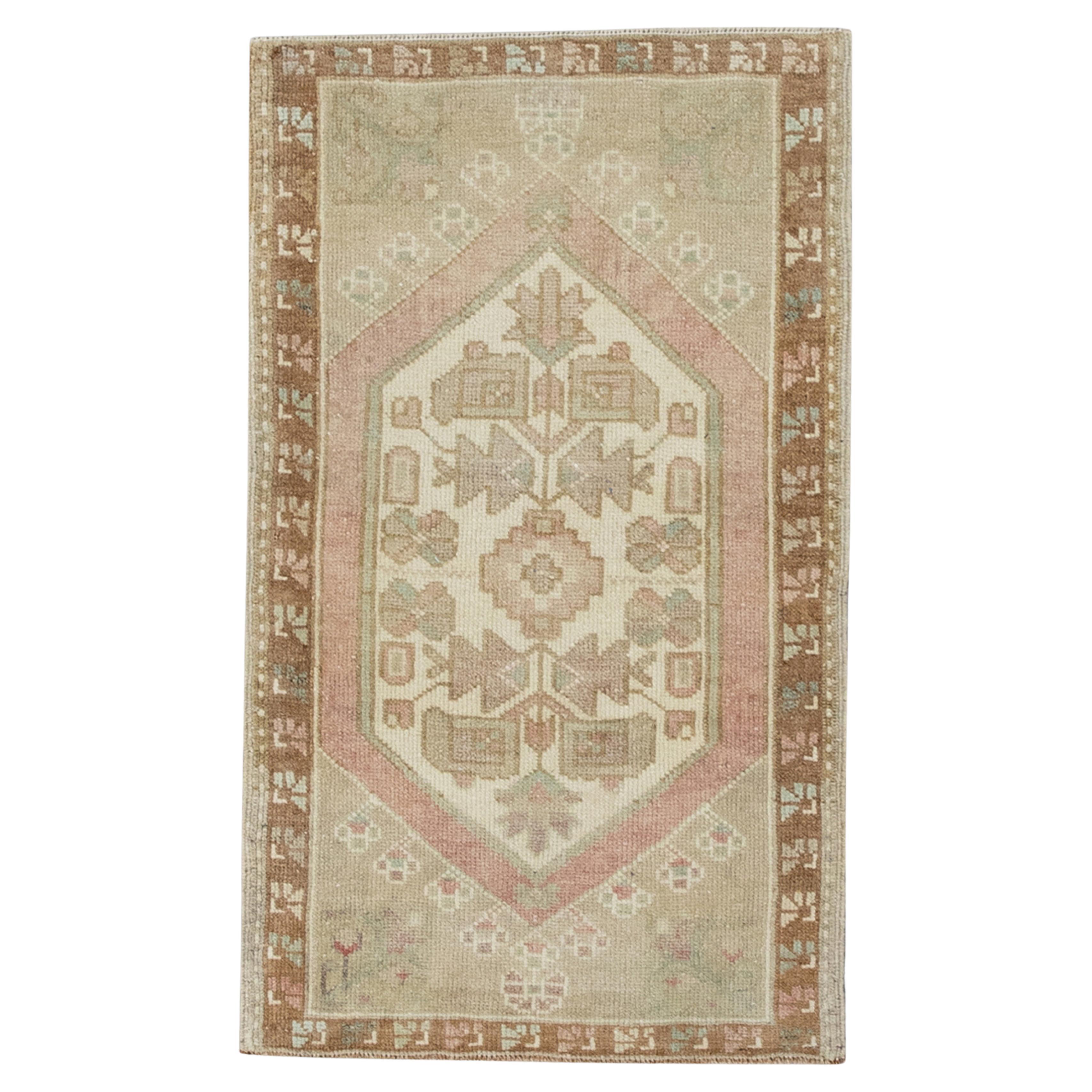 1960s Beige and Pink Vintage Turkish Mini Rug 1'9" X 3' For Sale at 1stDibs