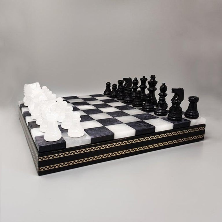 1960s Black and White Chess Set in Volterra Alabaster Handmade with Box ...