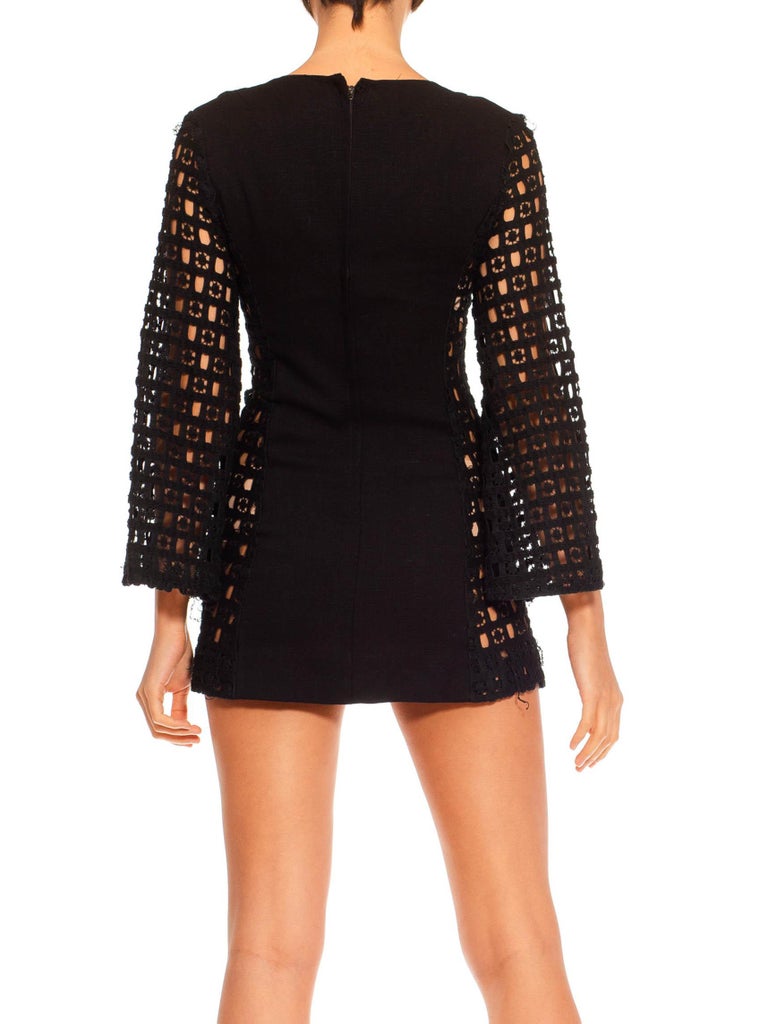 1960S Black Cotton Blend Lace and Linen Micro Mini Dress With Sleeves ...