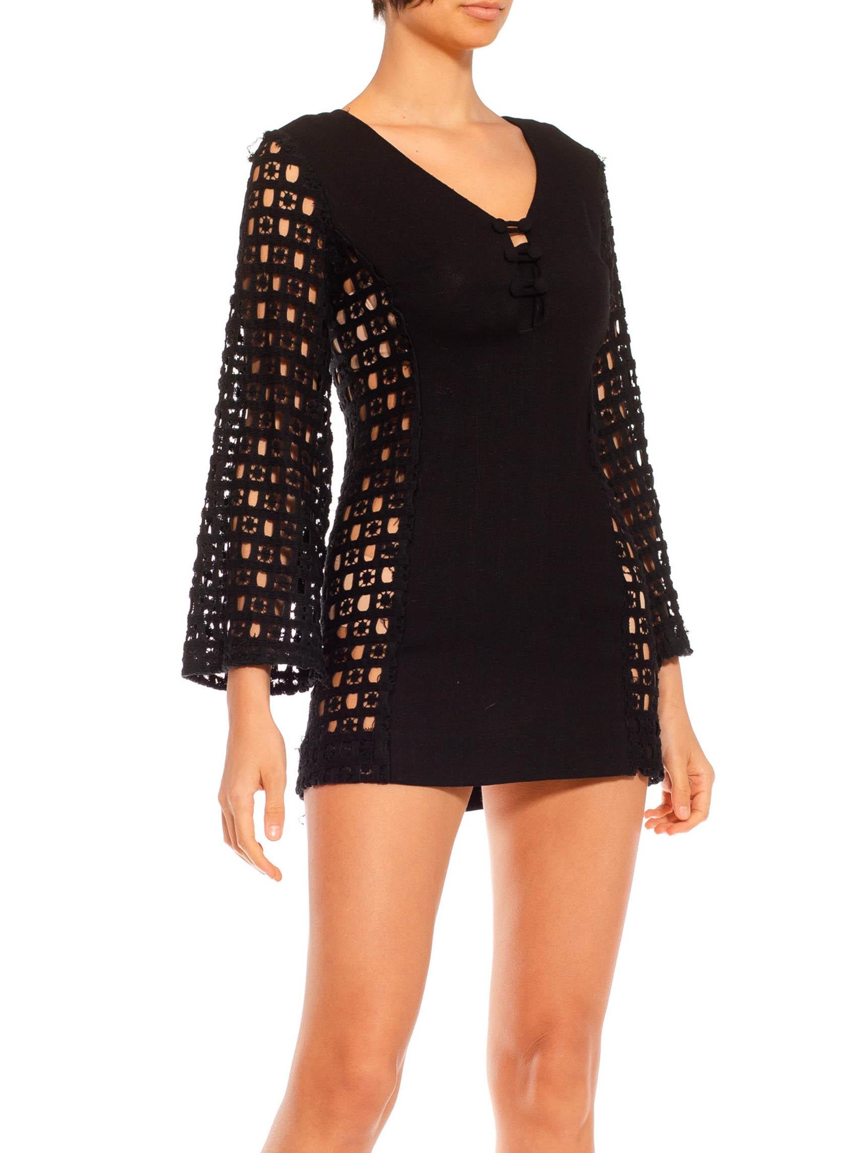1960S Black Cotton Blend Lace and Linen Micro Mini Dress With Sleeves ...