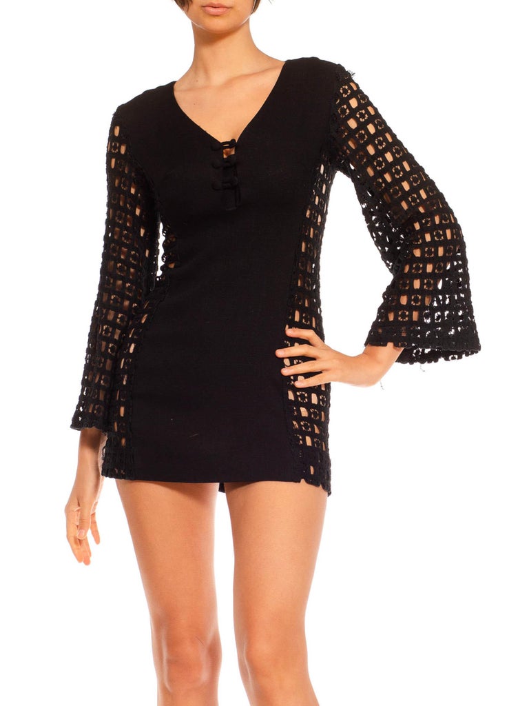 1960S Black Cotton Blend Lace and Linen Micro Mini Dress With Sleeves ...