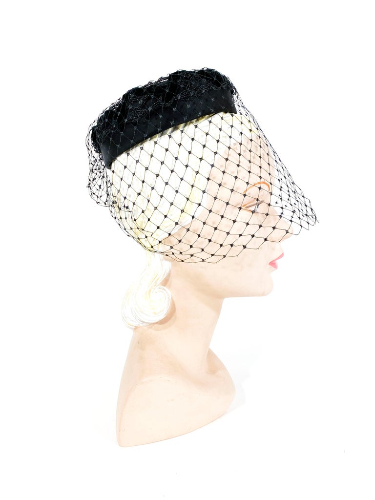 1960s Black Satin Pillbox Hat with Veil and Velvet Ribbon Accent at ...