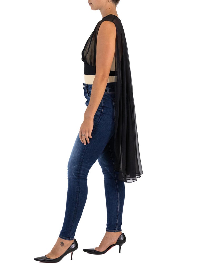 1960S Black Sheer Silk Chiffon Cape Top With Back Waist Band For Sale at 1stDibs