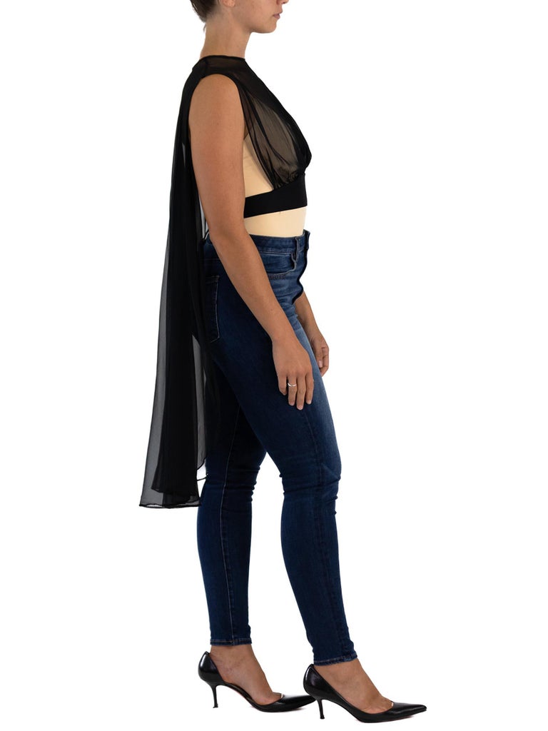 1960S Black Sheer Silk Chiffon Cape Top With Back Waist Band For Sale at 1stDibs