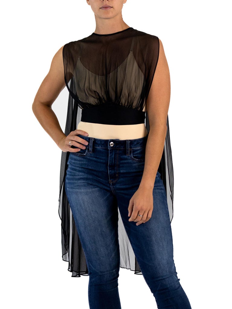 1960S Black Sheer Silk Chiffon Cape Top With Back Waist Band For Sale at 1stDibs