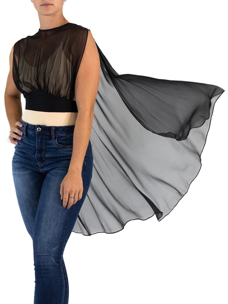 1960S Black Sheer Silk Chiffon Cape Top With Back Waist Band For Sale at 1stDibs