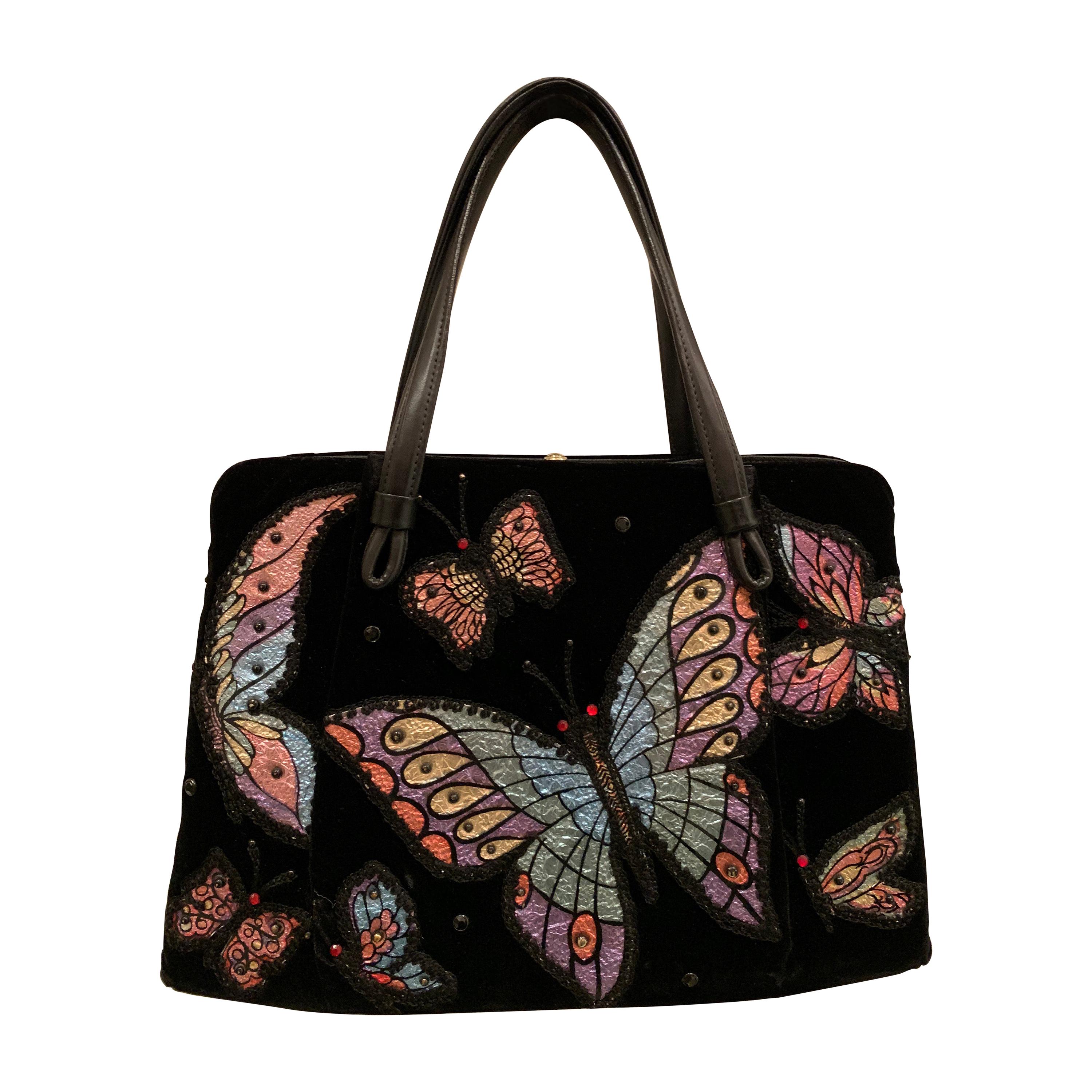 1960s Black Velvet Handbag with Colorful Butterfly Appliques at 1stDibs
