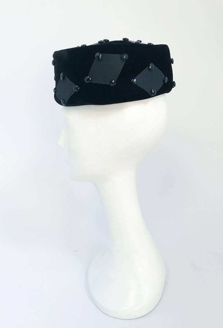 1960's Black Velvet Hat with Rectangular Accents For Sale at 1stDibs