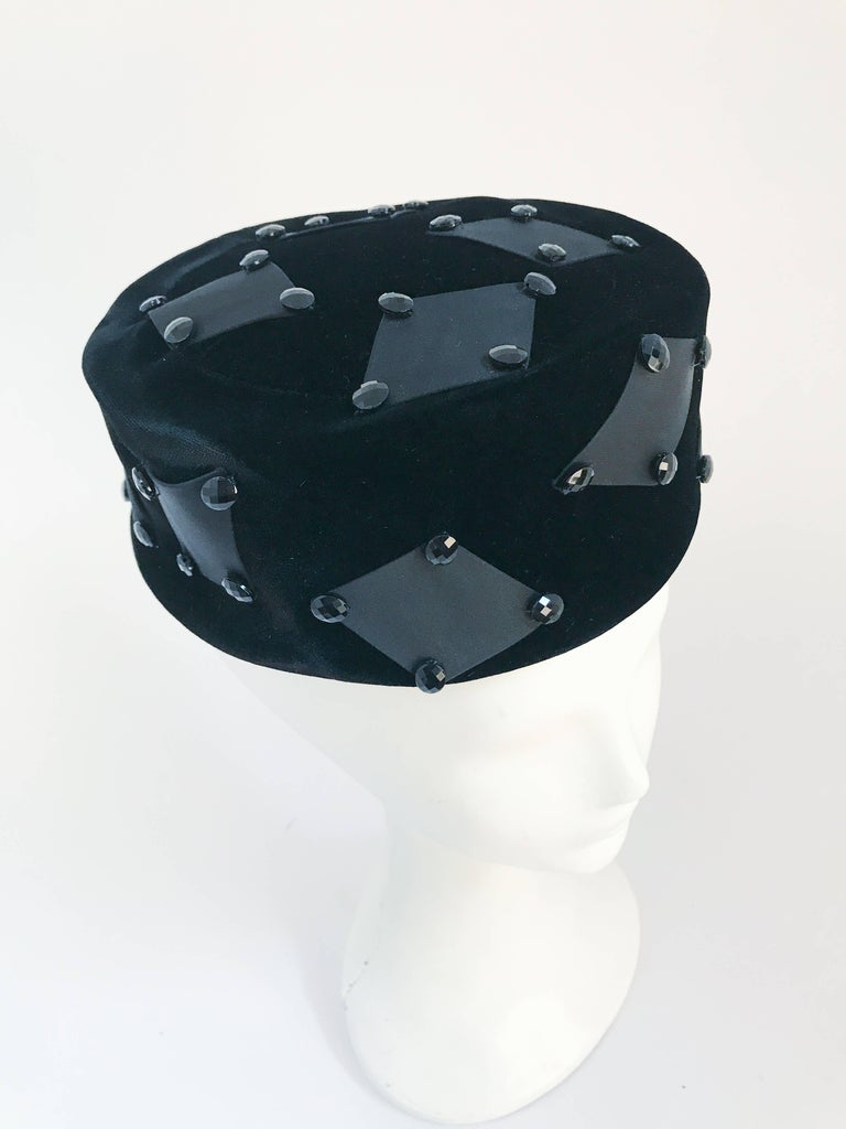 1960's Black Velvet Hat with Rectangular Accents For Sale at 1stDibs
