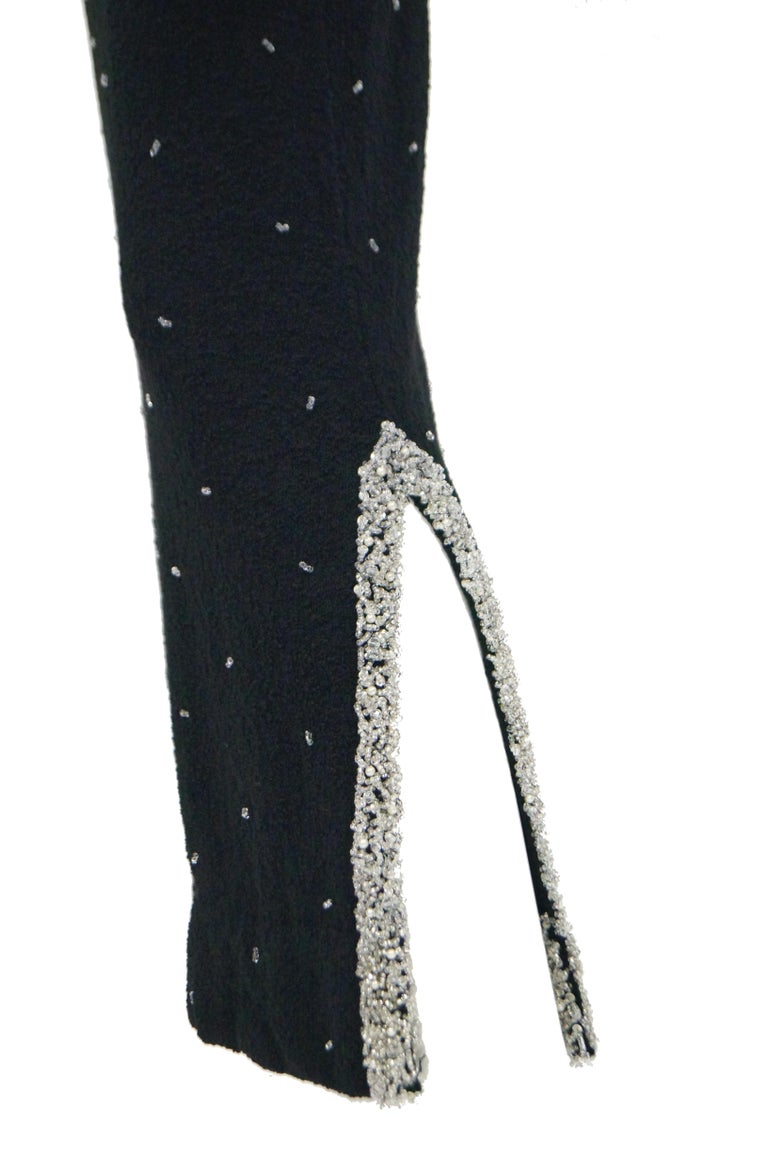 1960s Black Wool Knit Evening Dress Featuring Silver Glass Seed Bead ...