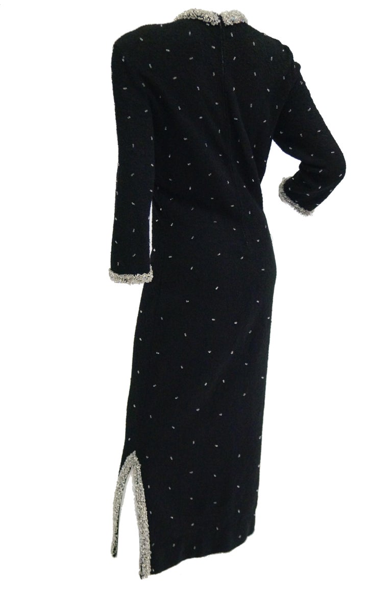 1960s Black Wool Knit Evening Dress Featuring Silver Glass Seed Bead ...
