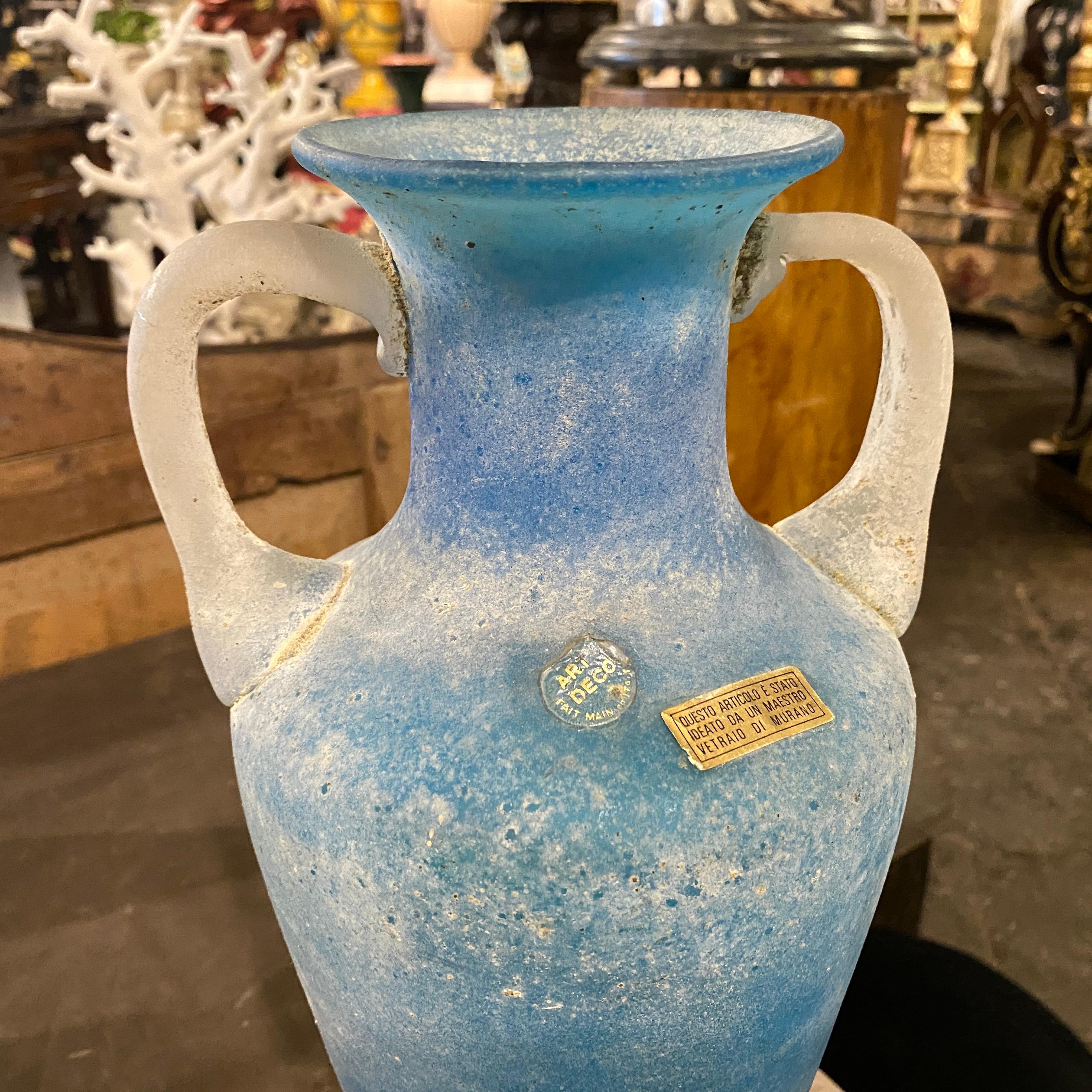 1960s Blue and White Scavo Murano Glass Amphora Vase at 1stDibs