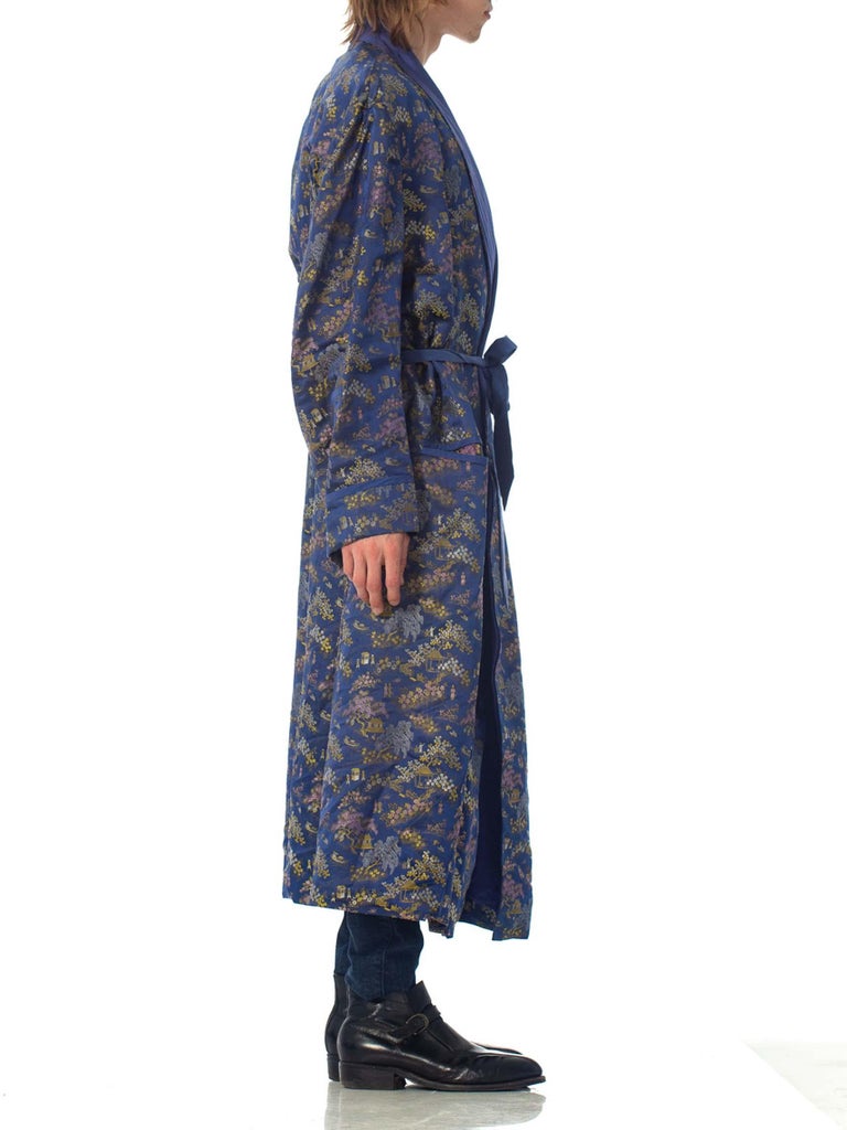 1960S Blue and Gold Rayon Silk Asia Jacquard Mens Lined Smoking Duster ...