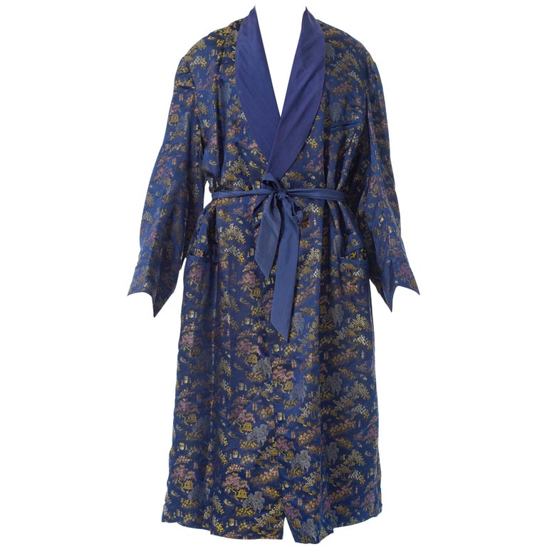 1960S Blue and Gold Rayon Silk Asia Jacquard Mens Lined Smoking Duster ...