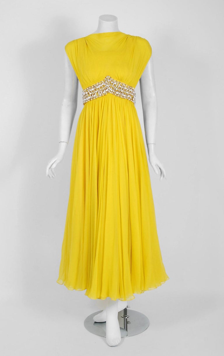 Vintage 1960's Bob Bugnand Bright Yellow Draped Silk Chiffon Beaded ...