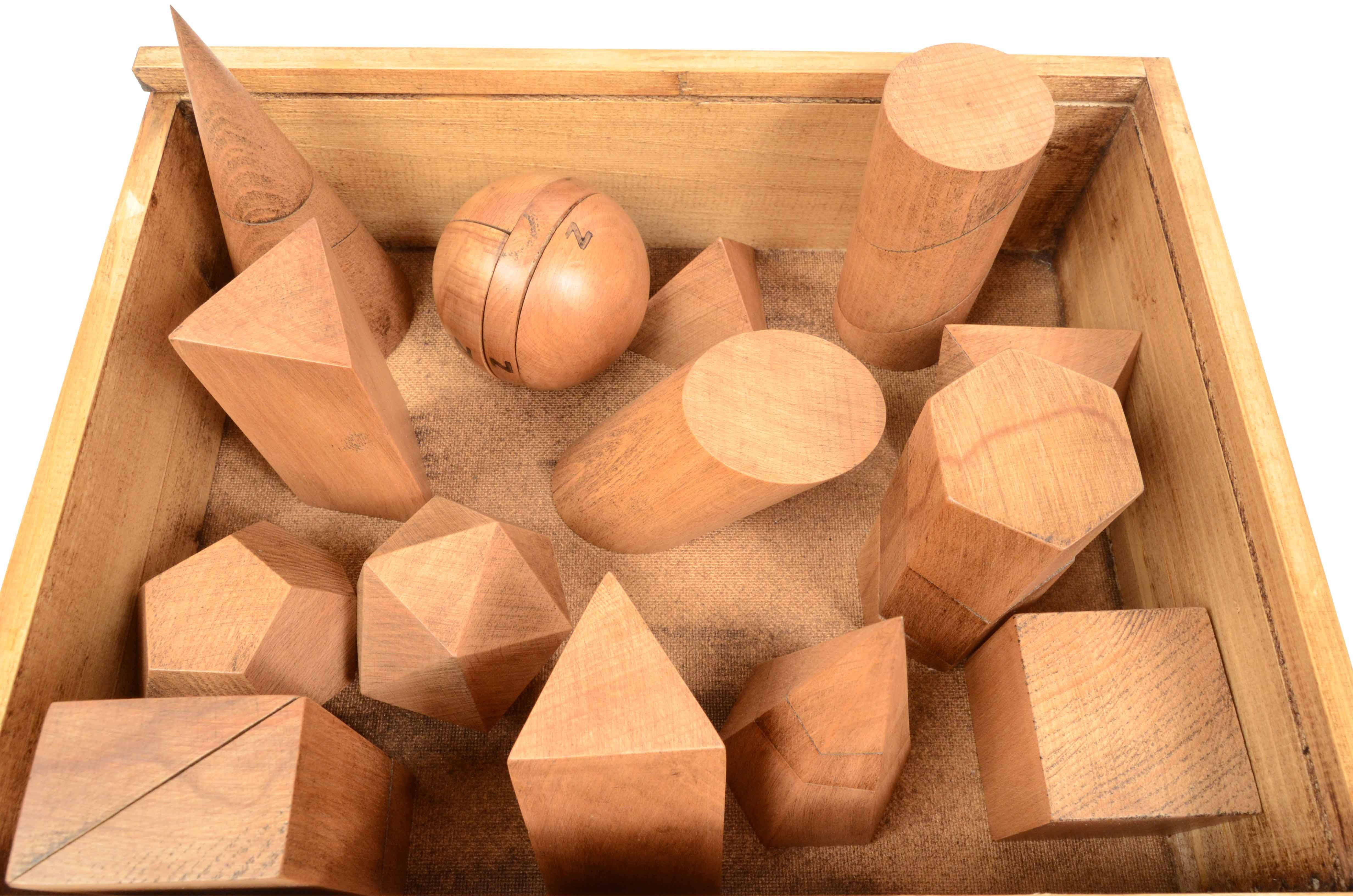 1960s Box Containing 14 Dismounplate Geometric Solids Of Oak Wood For ...