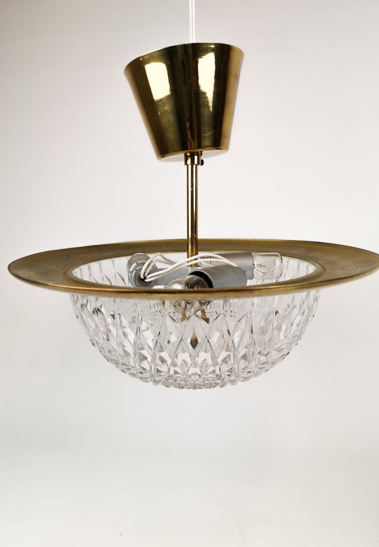 1960s, Brass and Crystal Celling Lamp by Tyringe for Orrefors, Sweden ...