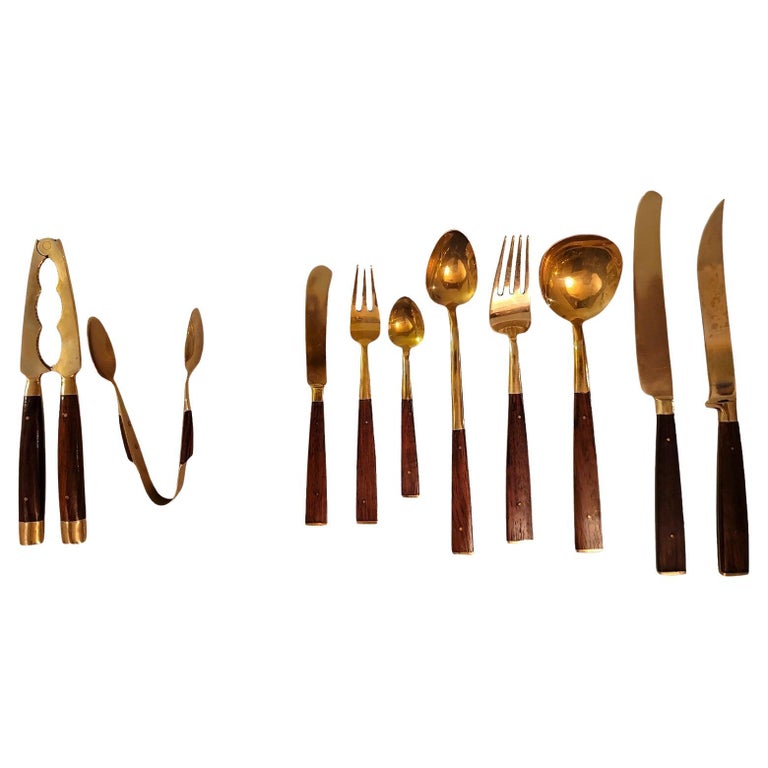 1960s Brass and Teak Modern 146 Piece Cutlery Set in Original Box For ...