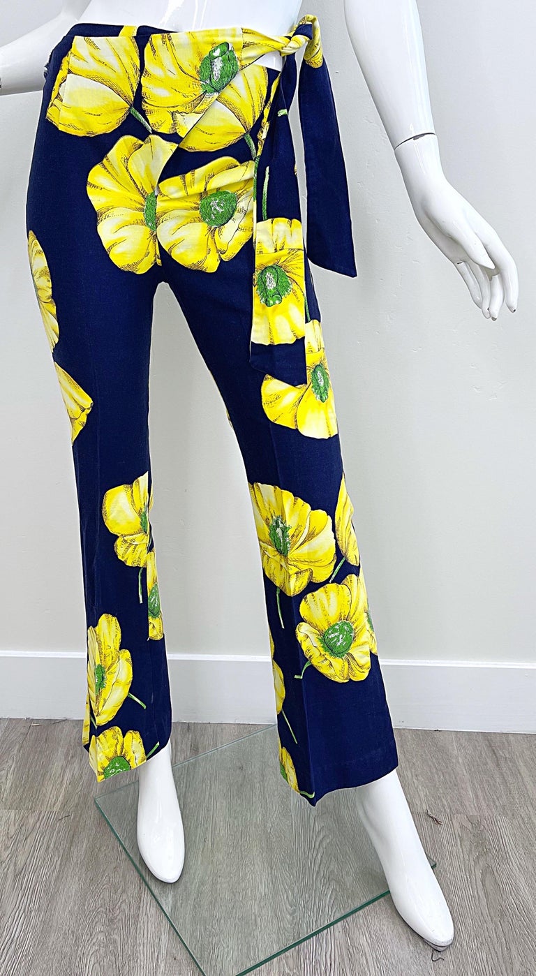 1960s Charm of Hollywood Linen Cotton Mod Flower Print Navy Yellow ...