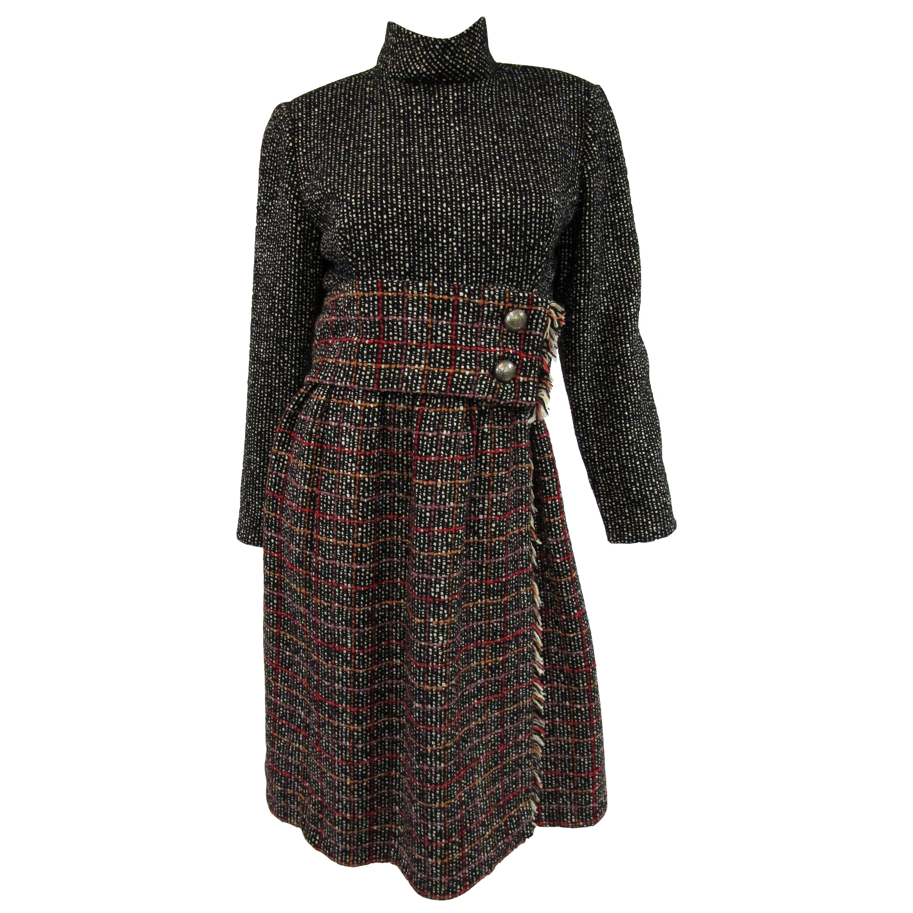 1960s Chester Weinberg Black and White Tweed Fringe Maxi Dress For Sale ...