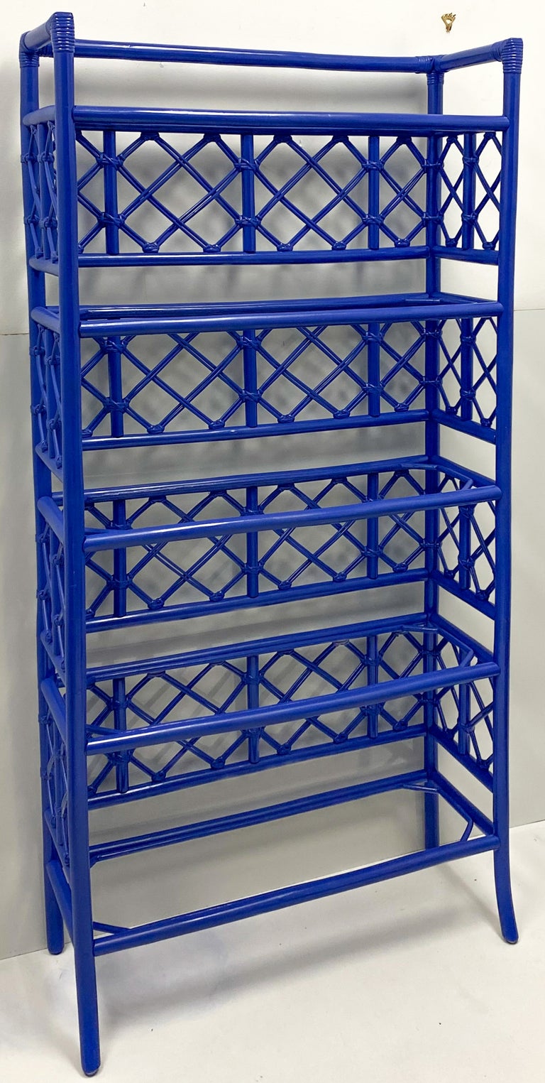 1960s Chippendale Style Blue Painted Rattan Shelf / Etagere by McGuire ...
