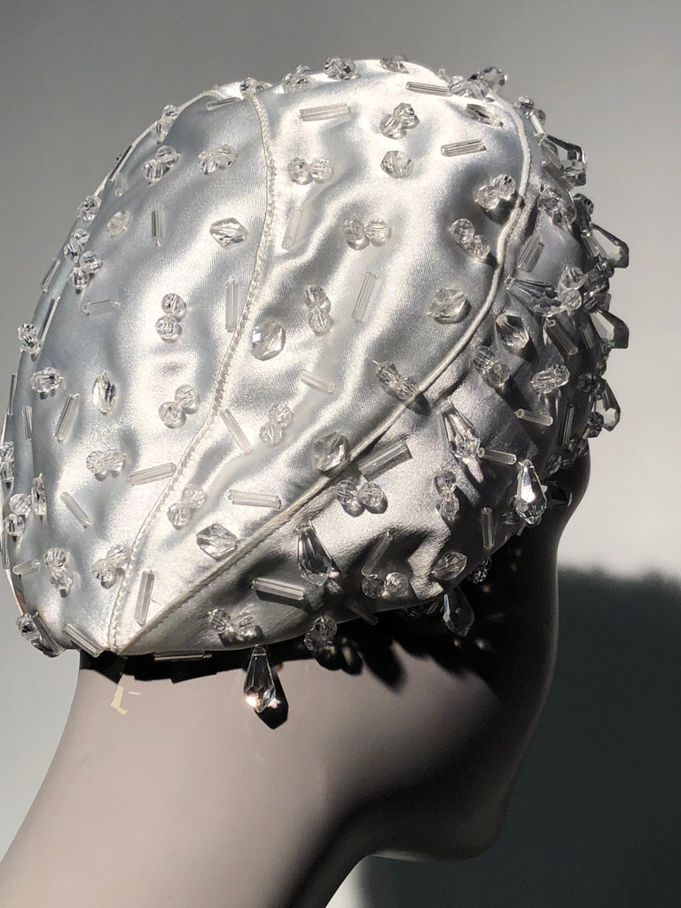 1960s Christian Dior Silver-White Satin Petite Bubble Hat W/ Sparkling ...