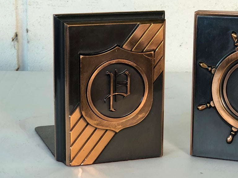 1960s Copper Monogrammed Bookends, Pair For Sale at 1stDibs